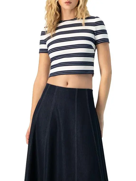 IVONNE Striped Short Sleeve Crop Top - Navy Blue