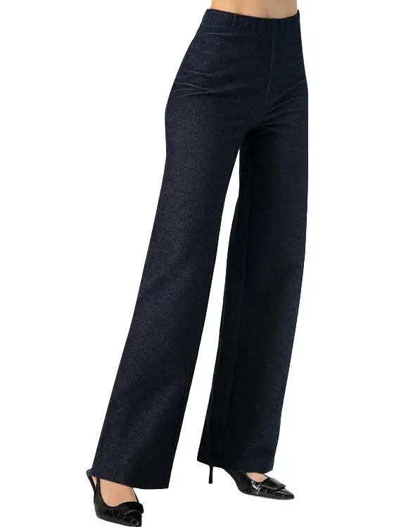 IVONNE Ribbed Wide-leg Pants - Navy Blue