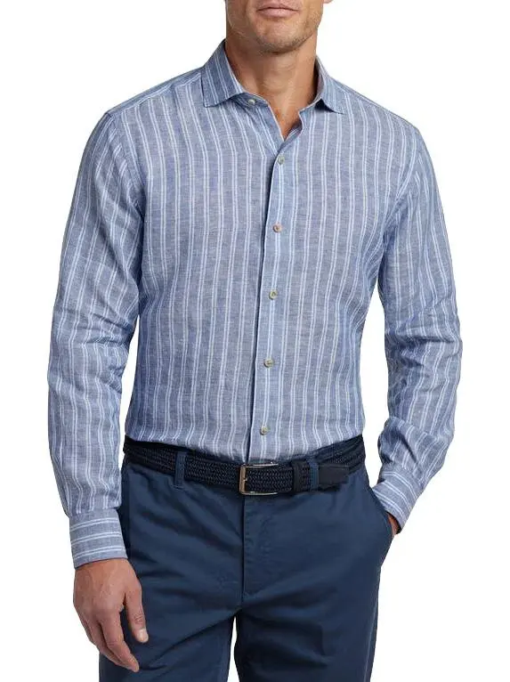 David Donahue Stripe Slub Linen Button-up Shirt - Navy/sky