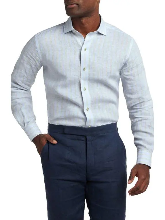 David Donahue Stripe Slub Linen Button-up Shirt - Sky/dune