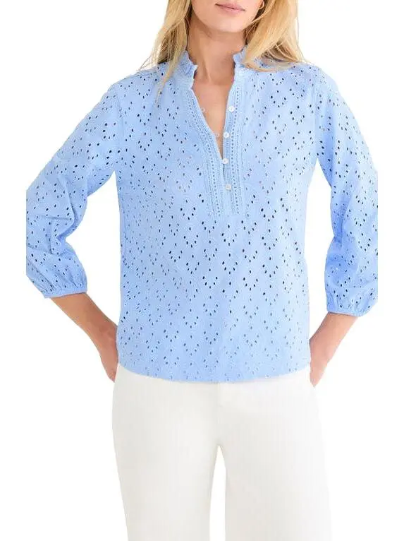 NIC+ZOE Ruffle Neck Eyelet Top - French Blue