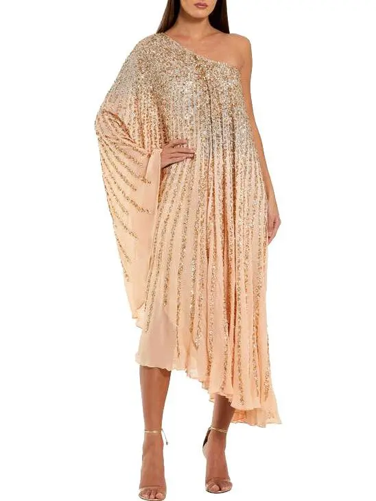 Mac Duggal One-shoulder Ombre Sequin Kaftan Dress - Champagne Gold