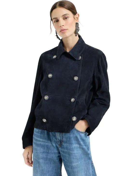 Brunello Cucinelli Couture Suede Cropped Pea Coat - Blue