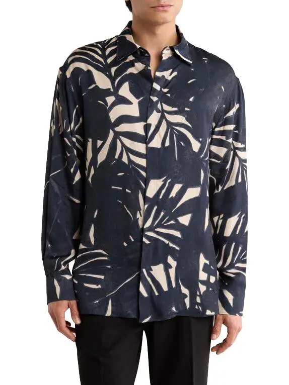Emporio Armani Palm Print Long Sleeve Button-up Shirt - Navy