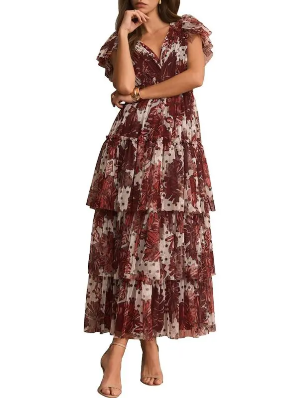 Mint Velvet Floral Print Tulle Midi Dress - Red