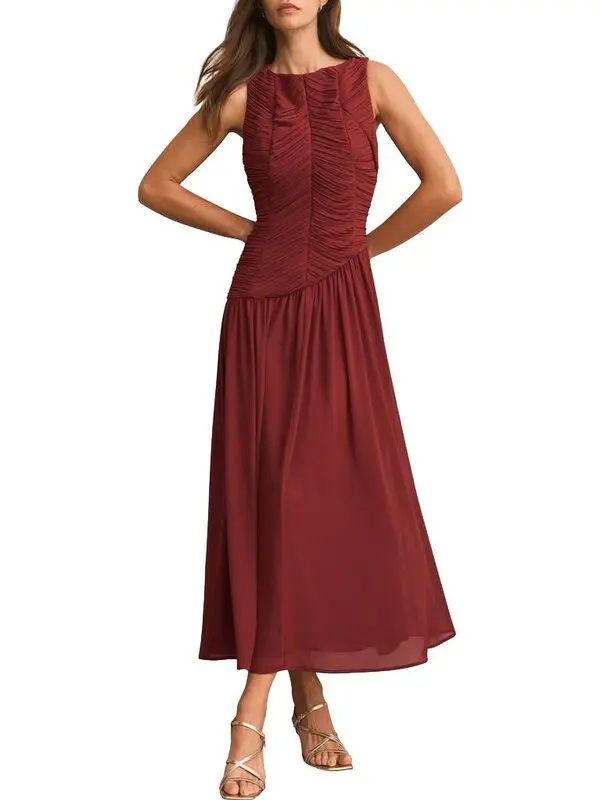 Mint Velvet Ruched Detail Midi Dress - Burgundy