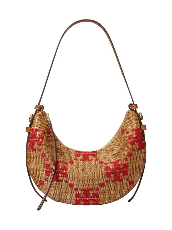 Tory Burch Romy T Monogram Straw Half-moon Shoulder Bag - Natural