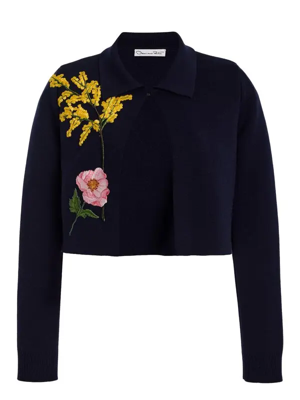 Oscar De La Renta Cropped Embroidered Wool Jacket - Navy
