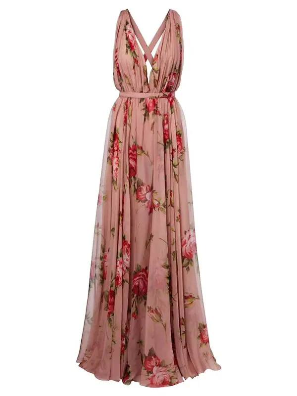 Dolce & Gabbana Floral Printed Silk Chiffon Gown - Pink