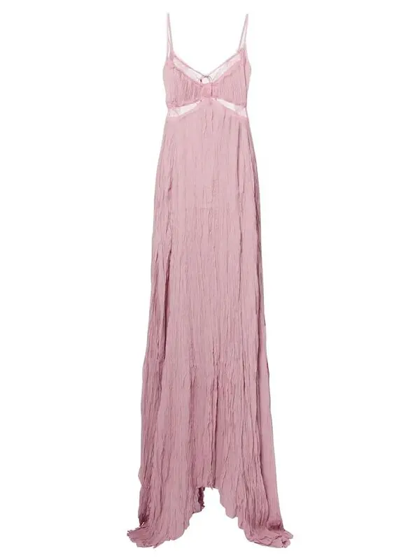 Blumarine Lace-trimmed Plissé Georgette Gown - Pink