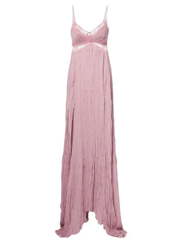 Blumarine Lace-trimmed Plissé Georgette Gown - Pink