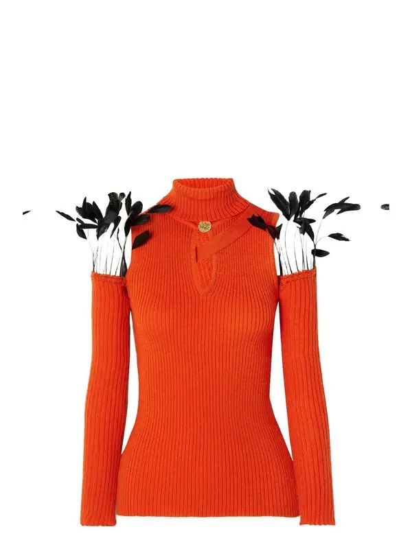 THEBE MAGUGU Convertible Feather-trimmed Cutout Turtleneck Sweater - Orange