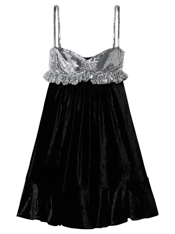 Rabanne Ruffled Chainmail And Velvet Mini Dress - Black