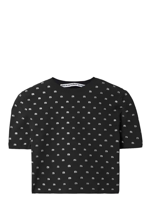 Alexander Wang Cropped Crystal-embellished Stretch-jersey T-shirt - Black