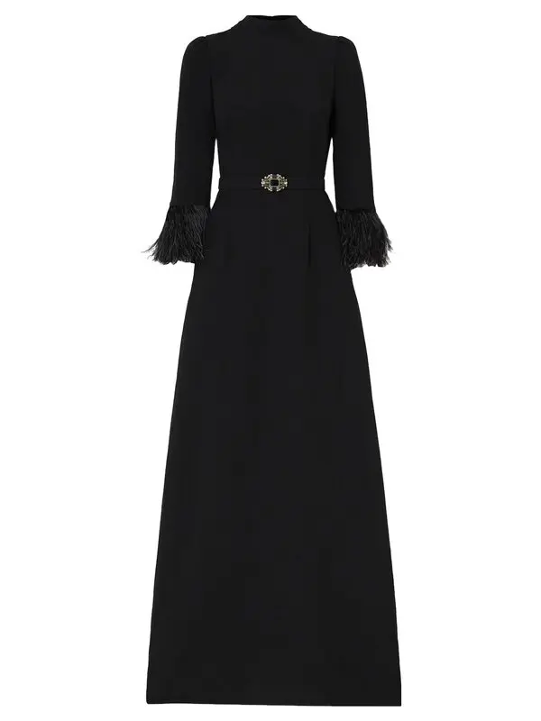 Andrew Gn Belted Crystal And Feather-embellished Gown - Black
