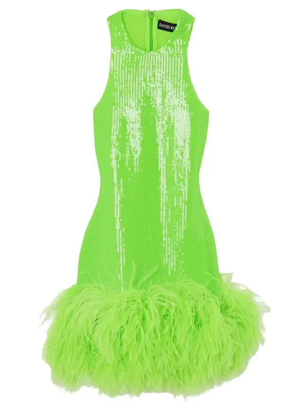 David Koma Feather-trimmed Sequined Chiffon Mini Dress - Green