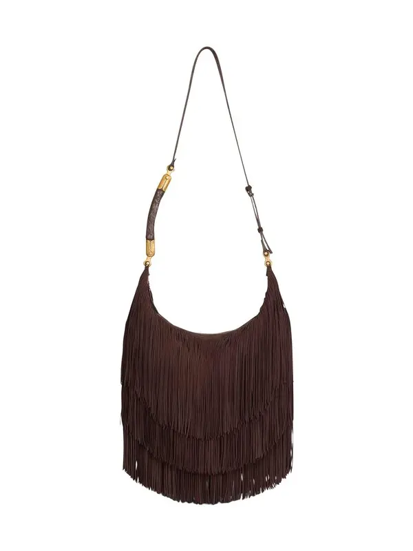 Balmain Large Fringed Suede Hobo Bag - Dark Brown