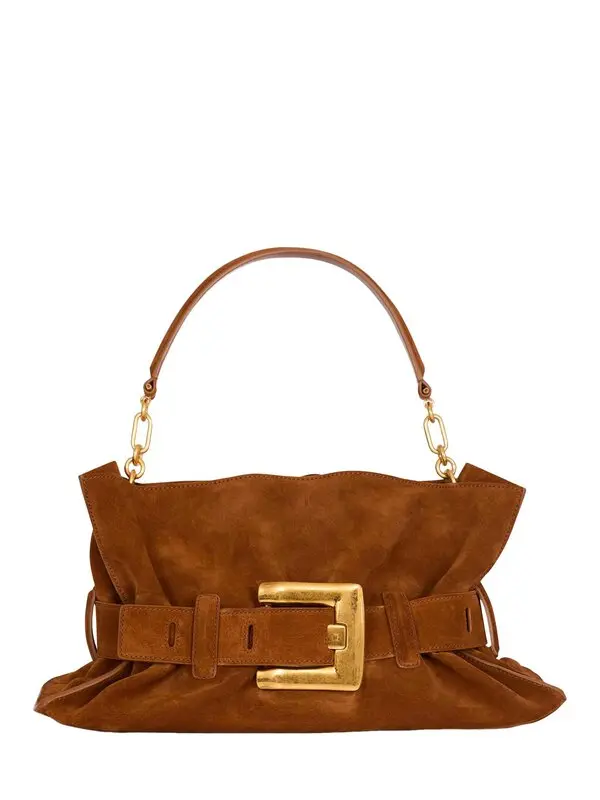 Balmain Anthem Medium Suede Bag - Brown