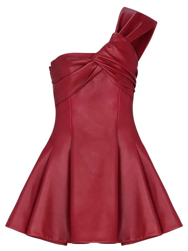 Balmain Smooth Leather One-shoulder Mini Dress - Red