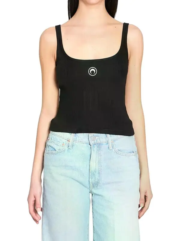 MARINE SERRE Ribbed Logo Cropped Tank Top - Black