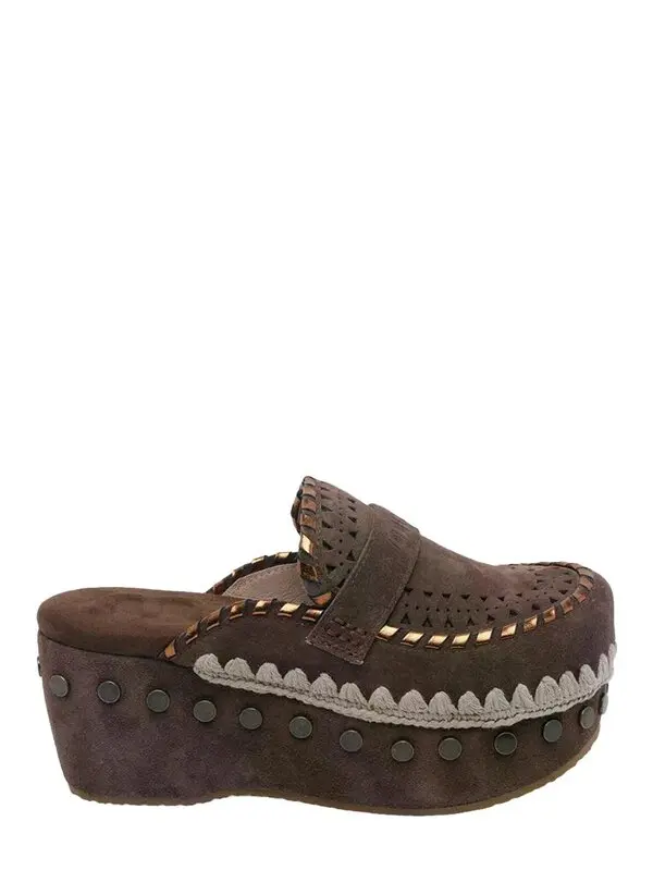 Mou Laser-cut Studded Suede Mules - Brown