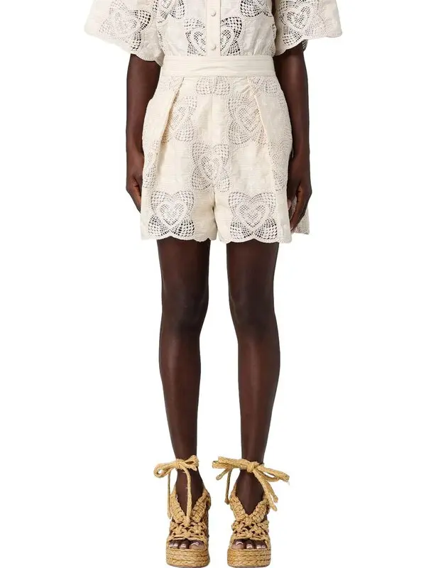 Zimmermann Cotton Blend Lace Insert Embroidered Shorts - Cream