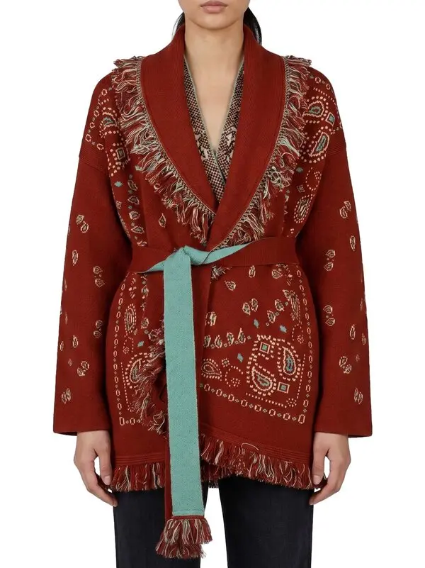 Alanui Paisley Patterned Belted Cardigan With Fringe - Red