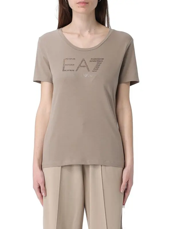 EA7 Cotton T-shirt With Rhinestone Logo - Beige