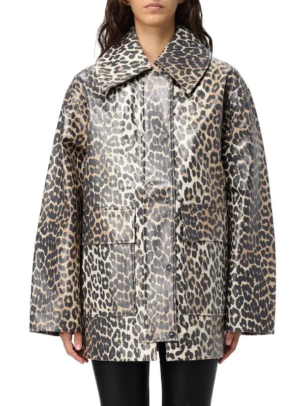 GANNI Animal Print Waxed Cotton Canvas Jacket - Brown