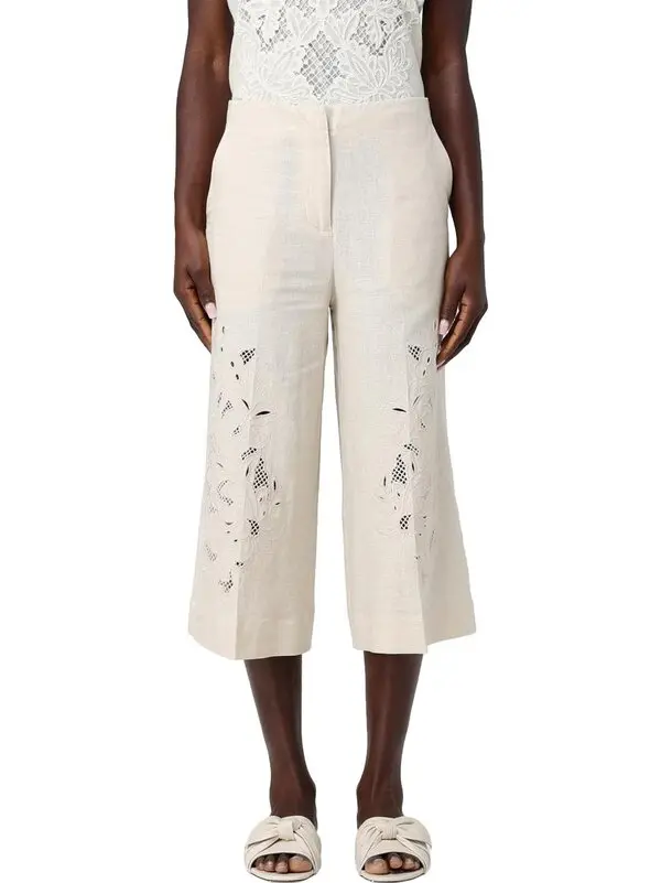 TWINSET Linen Cropped Trousers With Lace Inserts - Pearl