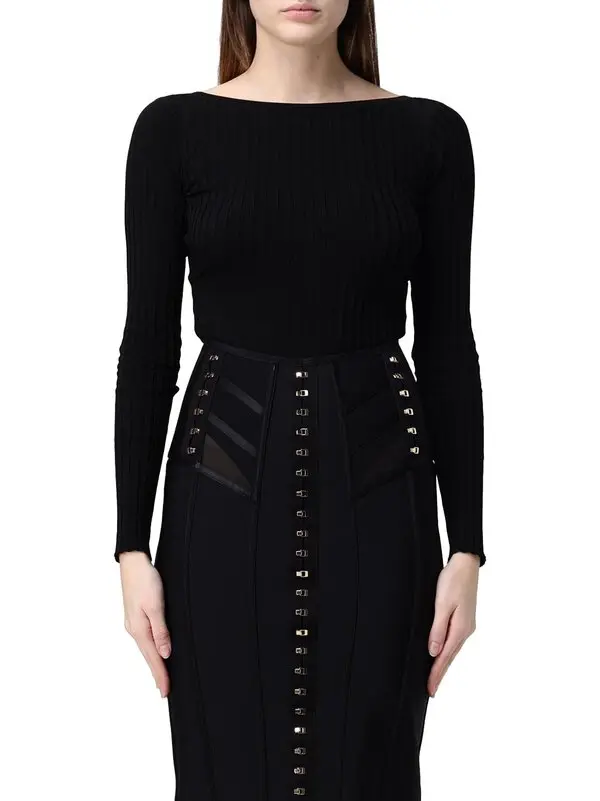 Elisabetta Franchi Ribbed Viscose Knit Bodysuit With Boat Neck - Black