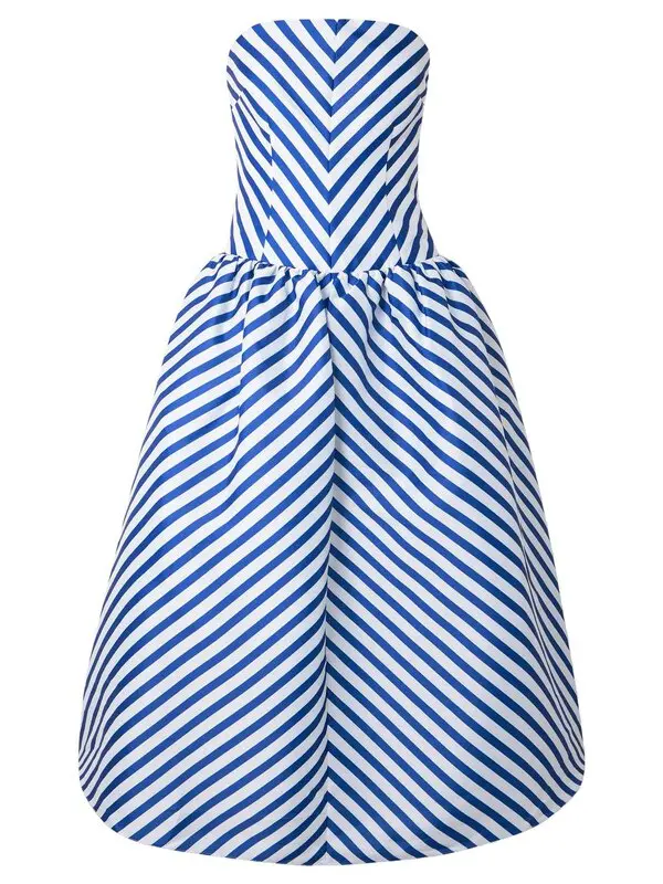 SELF-PORTRAIT Strapless Striped Taffeta Midi Dress - Blue