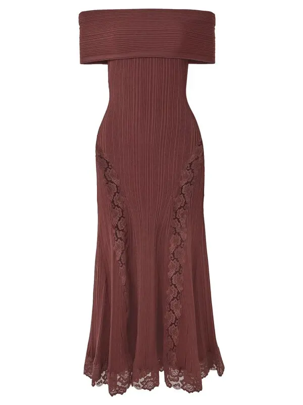 SELF-PORTRAIT Off-the-shoulder Lace-trimmed Ribbed-knit Midi Dress - Burgundy