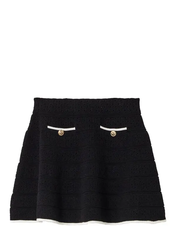 SELF-PORTRAIT Button-embellished Metallic Cotton-blend Pointelle-knit Mini Skirt - Black