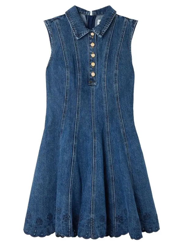 SELF-PORTRAIT Paneled Broderie Anglaise Denim Mini Dress - Blue