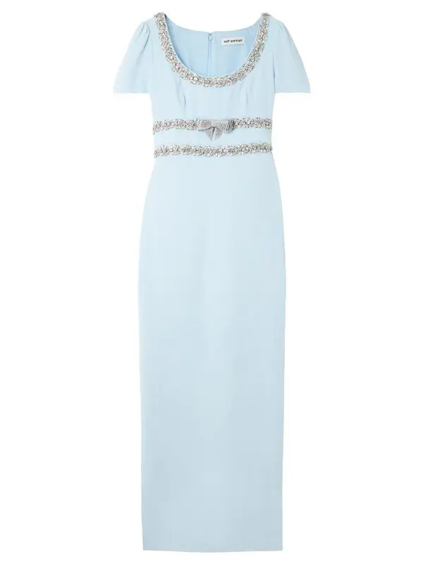 SELF-PORTRAIT Bow-detailed Crystal-embellished Crepe Maxi Dress - Blue