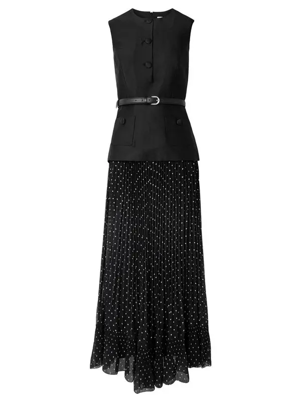 SELF-PORTRAIT Belted Plissé Polka-dot Midi Dress - Black