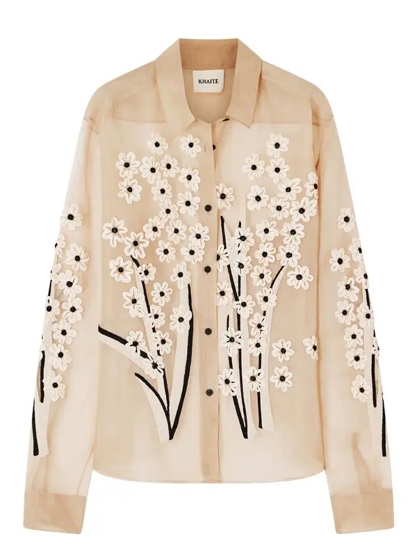 Khaite Appliquéd Embroidered Silk-organza Shirt - Neutrals
