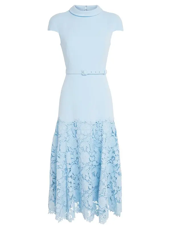 SELF-PORTRAIT Crepe-lace Belted Midi Dress - Blue