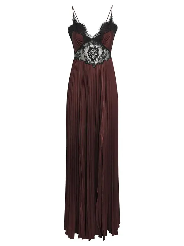 SELF-PORTRAIT Satin-lace Pleated Maxi Dress - Brown