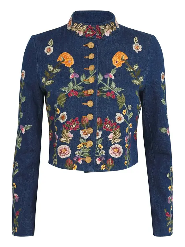 Alice + Olivia Embroidered Denim Emerson Jacket - Navy