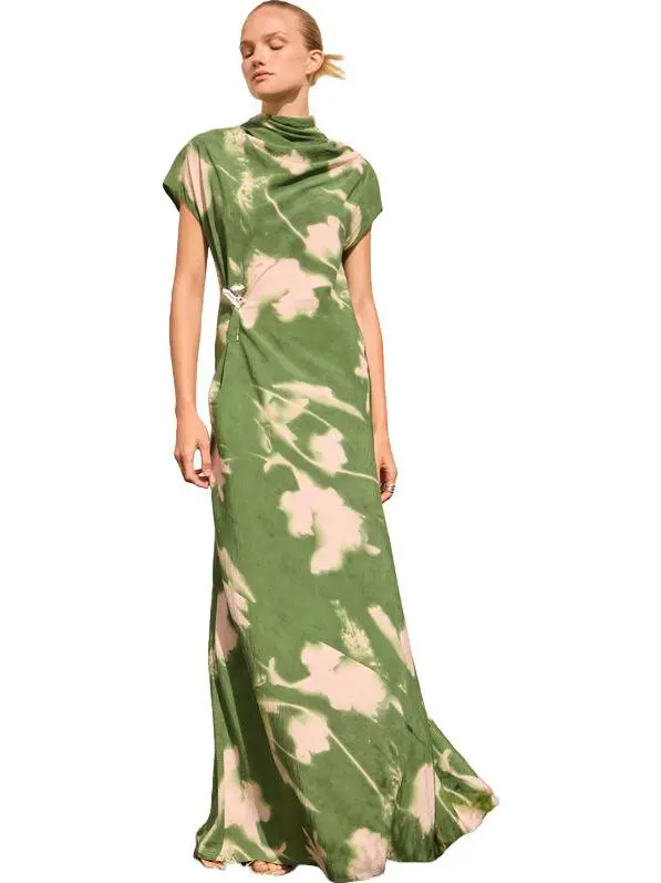 Lela Rose Abstract Floral Crepe Draped Gown - Green / Yellow
