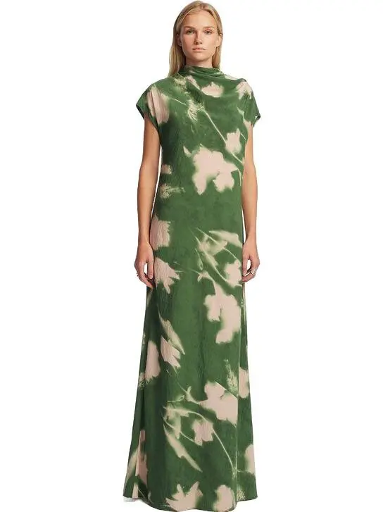 Lela Rose Abstract Floral Crepe Draped Gown - Green / Yellow