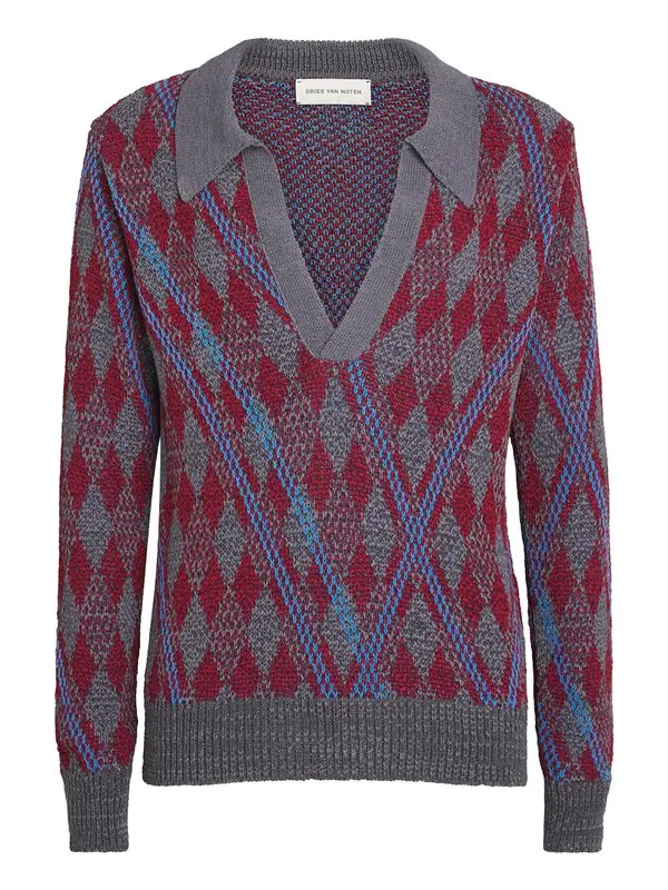 Dries Van Noten Argyle Open-collar Sweater - Grey