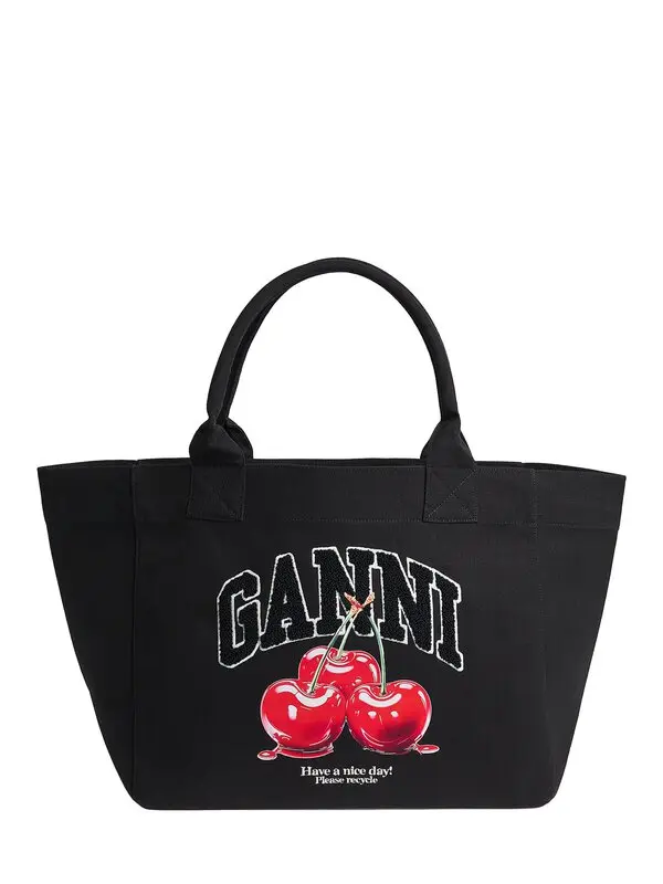 GANNI Cherry Printed Medium Tote Bag - Black