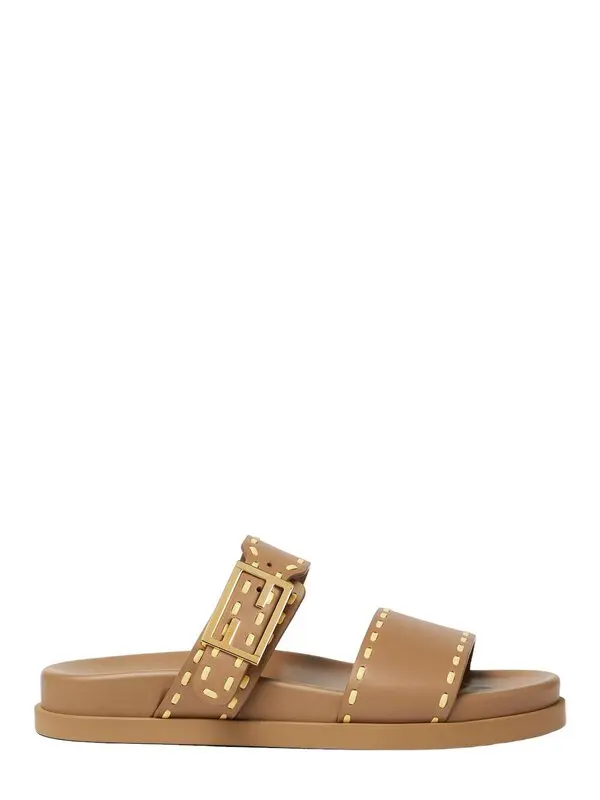 Fendi Ff Baguette Leather Slides - Brown