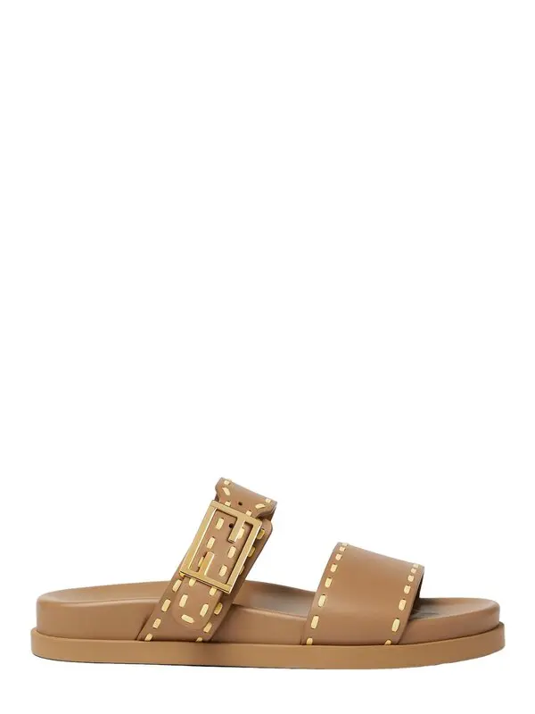 Fendi Ff Baguette Leather Slides - Brown