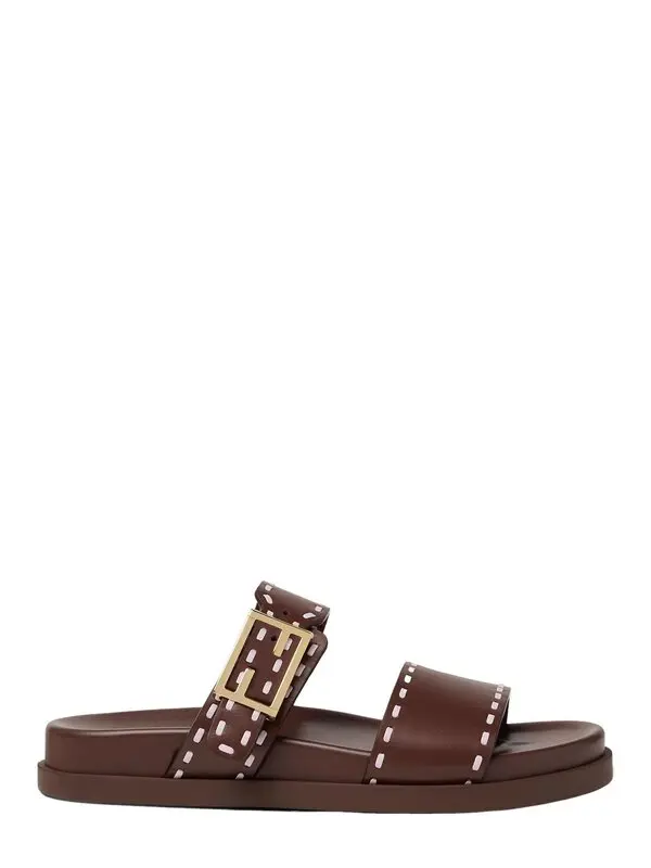 Fendi Ff Baguette Leather Slides - Brown