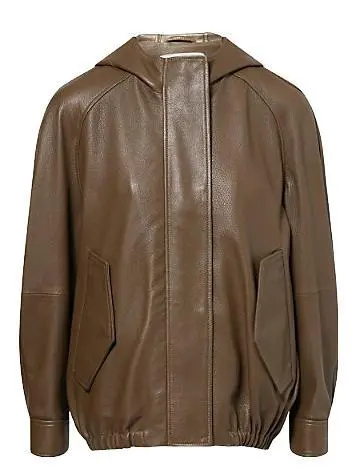 Nour Hammour Hooded Leather Bomber Jacket - Army Green