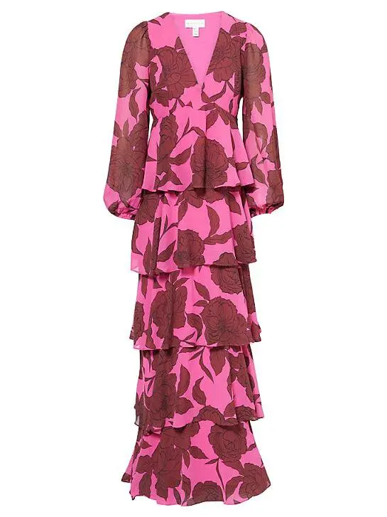 PRETTY LAVISH Ruffle Chiffon Maxi Dress - Floral Fucshia Brown